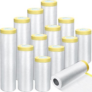 12 Rolls Assorted Plastic Sheeting Pre Taped Masking Film Clear Masking Paper for Automotive Painting Covering Painting Supplies, 3 Multi Sizes x 66 Feet/roll