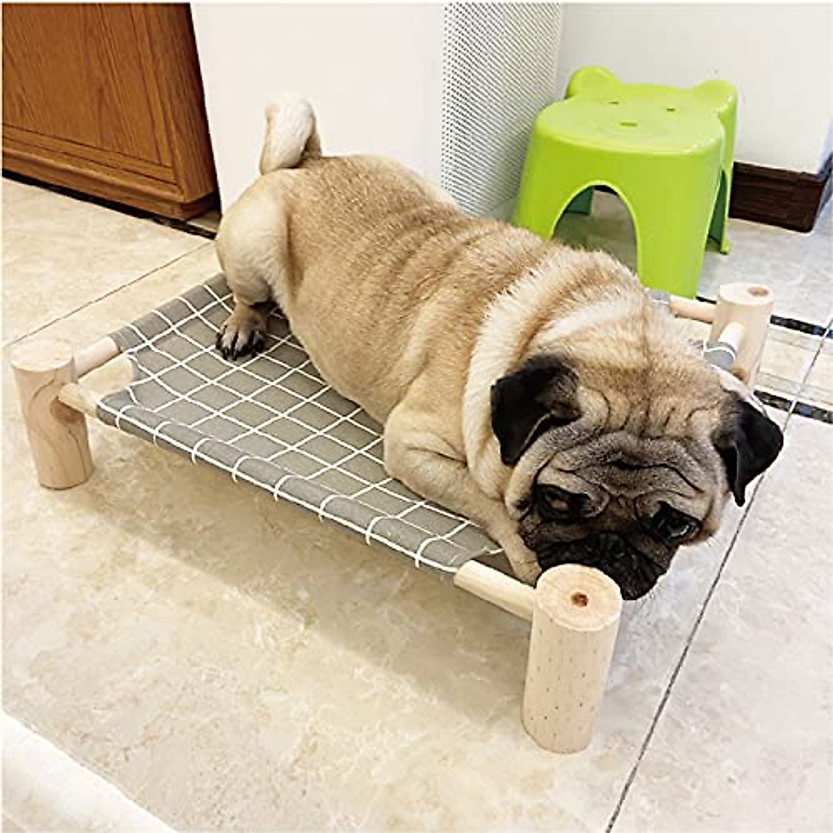 Babyezz Cat and Dog Hammock Bed, Wooden cat Hammock Elevated Cooling Bed, Detachable Portable Indoor/Outdoor pet Bed, Suitable for Cats and Small Dogs (Gray Grid)