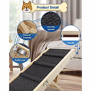 TNELTUEB Adjustable Dog Ramp, Wooden Folding Portable Pet Ramp,Rated for 30 LBS, 32.6" Long and Adjustable from 10" to 19" with Non-Slip Traction Mat, Dog Step for Bed, Couch,Car (Grey)