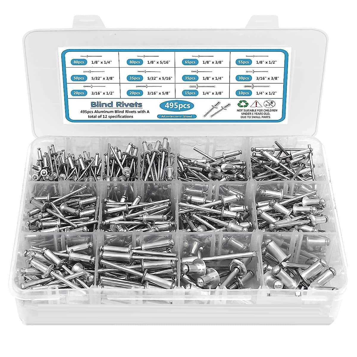 495Pcs Pop Rivets Assortment Kit，Pop Rivets Blind Rivets for Metal Assortment Kit 12 Values