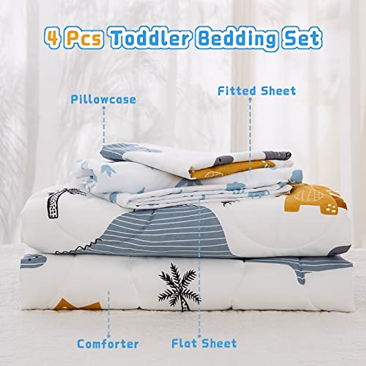 Dinosaur Toddler Bedding Set Ultra Soft Microfiber Toddler Comforter for Baby Girls Boys 4 Pieces Includes Comforter,Flat Sheet, Fitted Sheet and Pillowcase