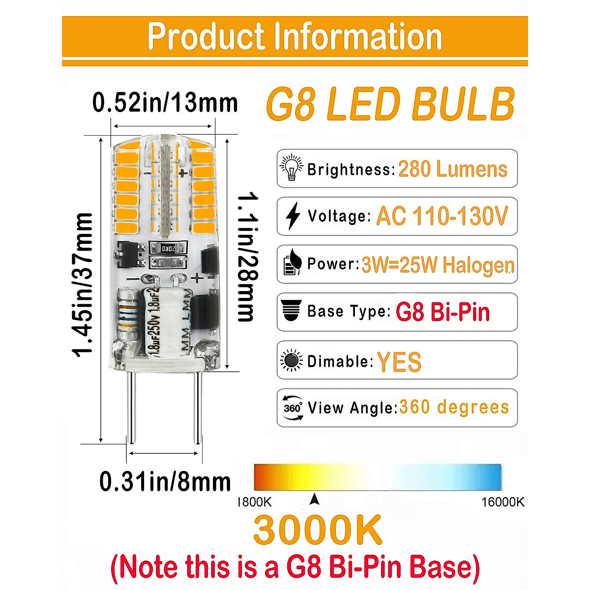 Lamsky G8 LED Bulb Dimmable 3W,G8 Halogen Bulb 20W-25W Equivalent,3000K Warm White AC 120V T4 JCD Type G8 Bi-Pin Base Light Bulb for Under Cabinet,Under Counter Light(10 Pack)