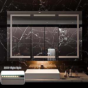 54" W x 36" H Lighted Medicine Cabinet with Mirror, Front & Backlit led Medicine Cabinet, Recessed or Surface Wall-Mounted, Clock Temp Display, Defog,10x Magnifier, 3 Colors Temper, Door Wide Open