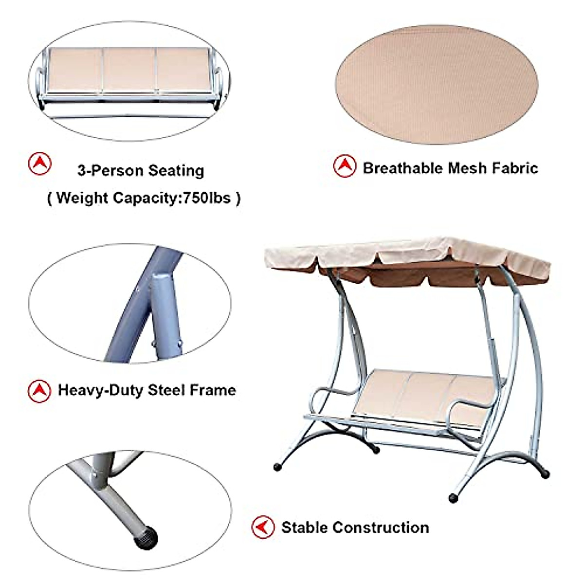 Outsunny 3-Seat Patio Swing Chair, Outdoor Canopy Swing with Stand, Adjustable Shade, Steel Frame for Adults, Garden, Poolside, Beige