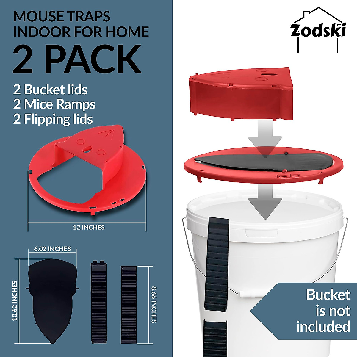 Zodski 2 Pack Bucket Mouse Trap Lid, Rat Trap Lid, 5 Gallon Bucket Compatible, Rat Traps, Mouse Traps Indoor for Home, Outdoor Mouse Traps, Mouse Bait, Humane Mouse Traps Catch and Release (2, Red)