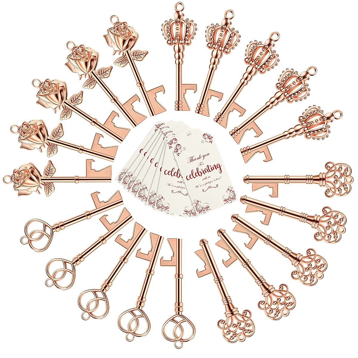 60 Pieces Key Bottle Opener with 60 Pieces Tag Rose Gold Skeleton Key Bottle Opener 4 Styles Include Crown, Heart, Sun Flower and Rose with 6 Rolls Ribbons for Wedding Bridal Shower Party Favor Gifts