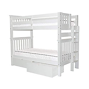 Bedz King Tall Bunk Beds Twin over Twin Mission Style with End Ladder and 2 Under Bed Drawers, White