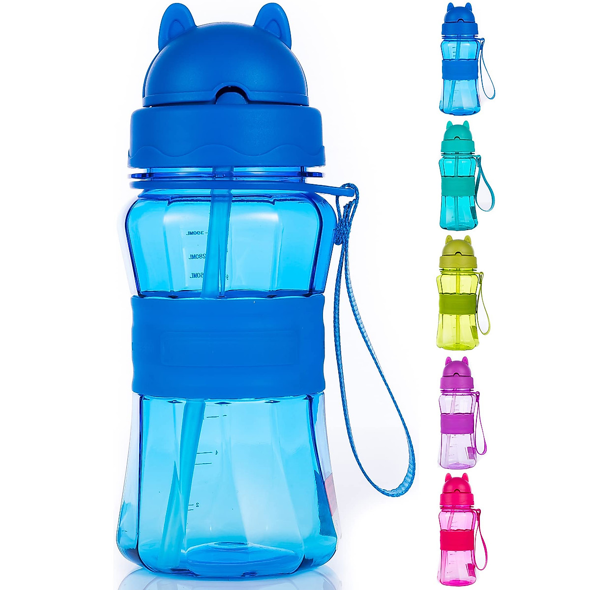 Ecteco Water Bottle for Kids Toddlers Children with Straw Strap 12OZ Leak Proof BPA Free Tritan Drink Bottles for Boys Girls School Students, Cute Lightweight Sturdy Anti-skid