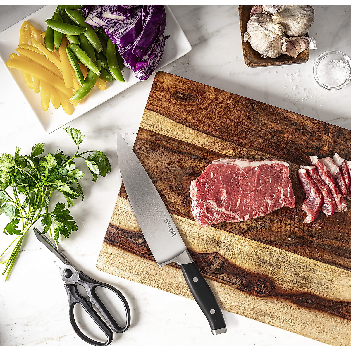 Kilne Knife Set, 6-Piece Kitchen Knife Set With Wood Block, High Grade German Steel with Acacia Wood Block, Black