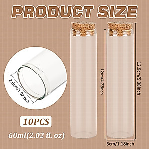 BENECREAT 10 Pack 60ml Glass Test Tube with Cork Stopper Clear Flat Mini Glass Bottles Jars for Wedding Party Favors, Candy, Spices, Beads, Mother's Day Home Decor