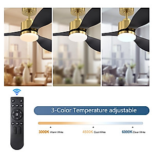 52 Inch Ceiling Fans with LED Light Remote Control, Modern Ceiling Fan with Reversible DC Motor, 3 Blades and 3 Color Temperature, LED Light Chandelier for Bedroom(Gold & Black)