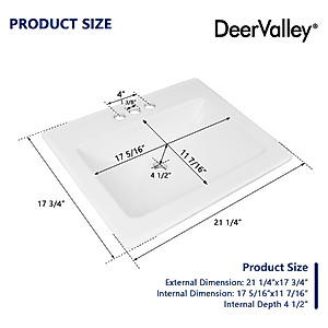 Bathroom Vessel Sink, DeerValley, 21”x18”Rectangular Drop-in Sink for Bathroom Ceramic Vessel Sink White Bathroom Sink Under Counter Modern Art Basin with Overflow and Three Faucet Holes, DV-1DS0122