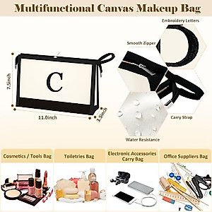 QLOVEA Personalized Birthday Gift for Women, Monogrammed Canvas Beach Tote Bag with Makeup Bag, Embroidery Tote Bag with Zipper, Inner Side Pocket, Wedding Bag for Bridesmaid Friendship Letter N