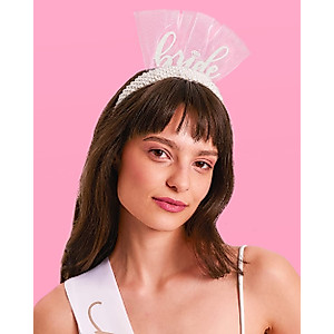 xo, Fetti Bachelorette Party Sash + Bride Headband - White + Rose Gold | Bachelorette Party Decorations Kit - Sash for Bride | Bridal Shower Gift Supplies