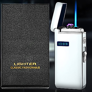 Electric Arc Lighter Jet Flame Torch Lighter Plasma Lighter 2 in1 USB Rechargeable Refillable Windproof Lighter for Candle Kitchen BBQ (Silver)