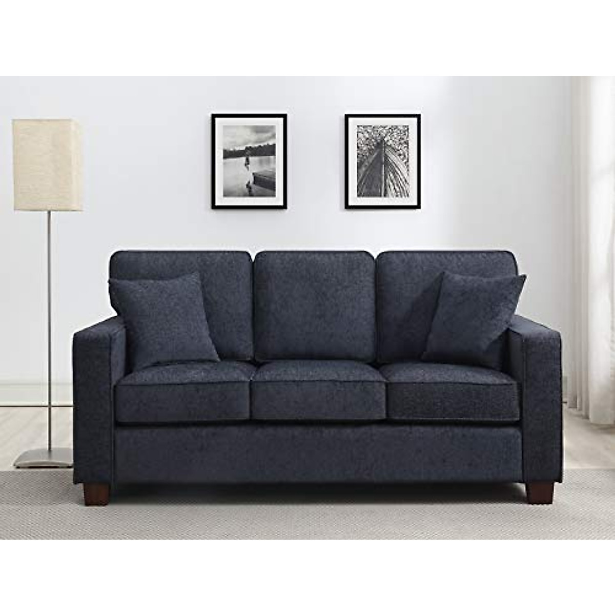 OSP Home Furnishings Russell 3 Seater Sofa with 2 Pillows and Coffee Finished Legs, Navy