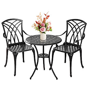 Withniture Bistro Set 3 Piece Outdoor,Cast Aluminum Outdoor Bistro Set,All Weather Bistro Table and Chairs Set of 2 with 1.97" Umbrella Hole,Patio Bistro Sets for Garden(Woven Black)