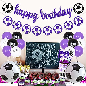 Sursurprise Soccer Birthday Party Decorations for Girls Purple Soccer Birthday Banner Garland Cake Topper Balloon for Sports Theme Birthday Party Supplies