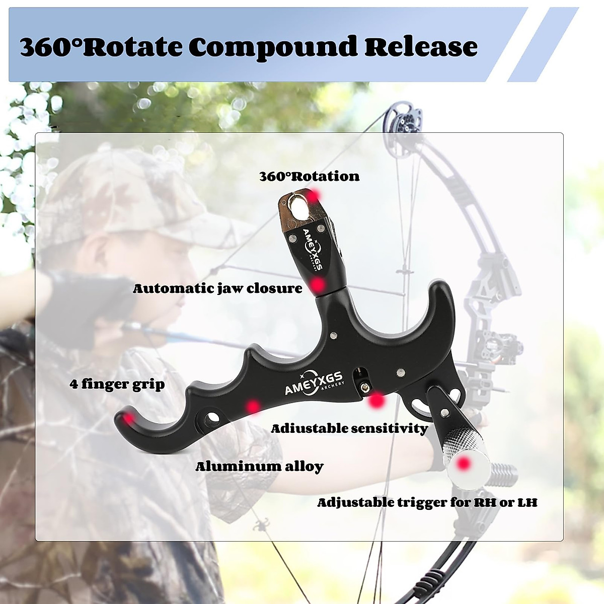 HNZMDY Bow Release for Compound Bow, 360° Rotatable Archery Release Trigger, Compound Bow Release, 4 Finger Thumb Release (Black)