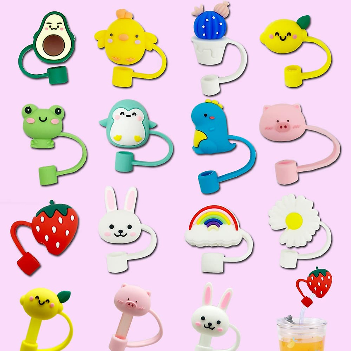 AWEELON 12Pcs Straw Covers Cap, Monkle Silicone Straw Topper Reusable Dust-Proof Straw Tips for Drinking Straws Plug Straw Caps Decoration Home Kitchen Accessories