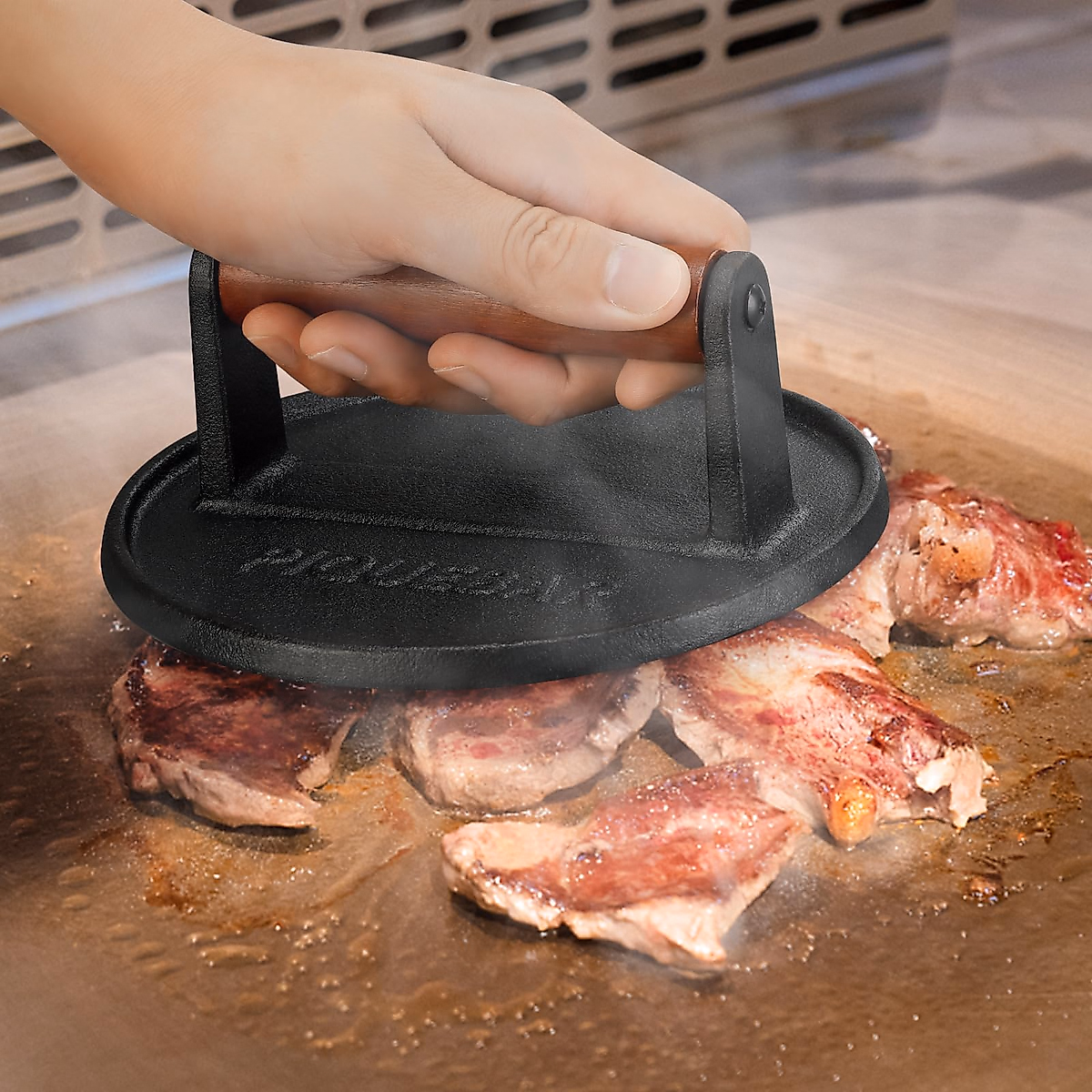 PIQUEBAR Burger Press Cast Iron Grill Press Bacon Press for Griddle Heavy Duty Weight Press Smash Burger Press with Wood Handle 2 Pack