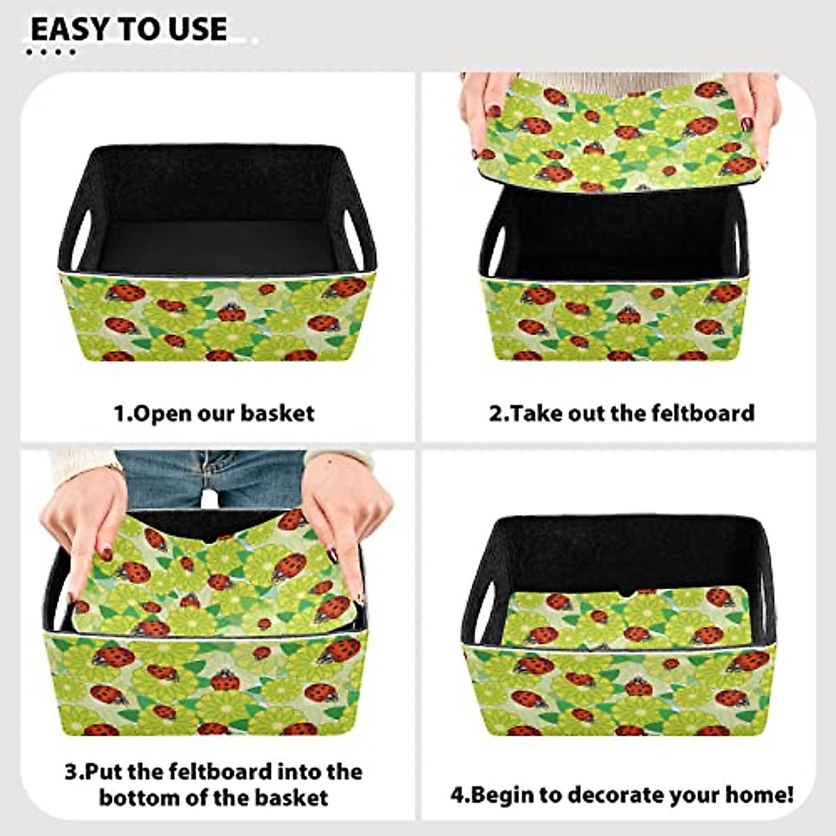 Ladybird Beetles Pattern Storage Basket Felt Storage Bin Collapsible Storage Box Cloth Baskets Containers Organizer for Kids Bedroom Magazine