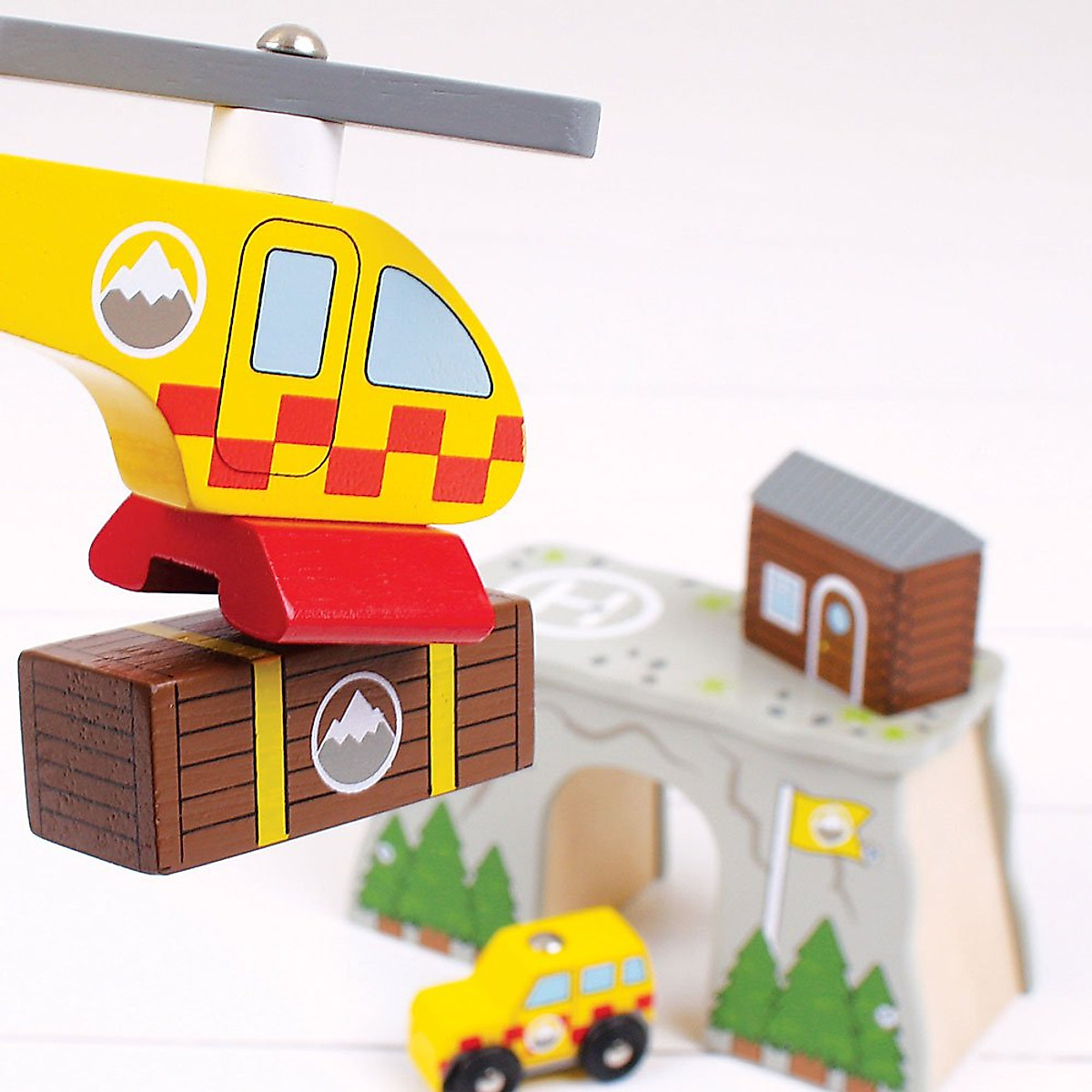 Bigjigs Rail Mountain Rescue Playset with Helicopter, Car, Log Cabin & Crate