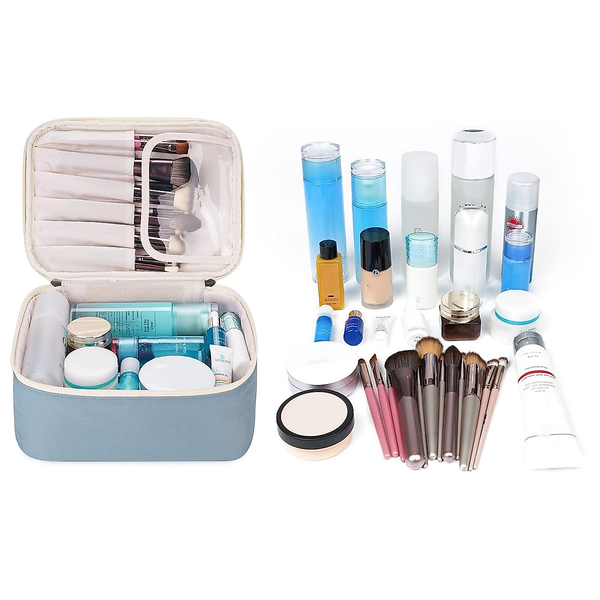 Narwey Travel Makeup Bag with Brush Compartments，Portable Cosmetic Bag，Make up Bag Makeup Organizer Case with Brush Storage for Women (Greyish Blue-1)