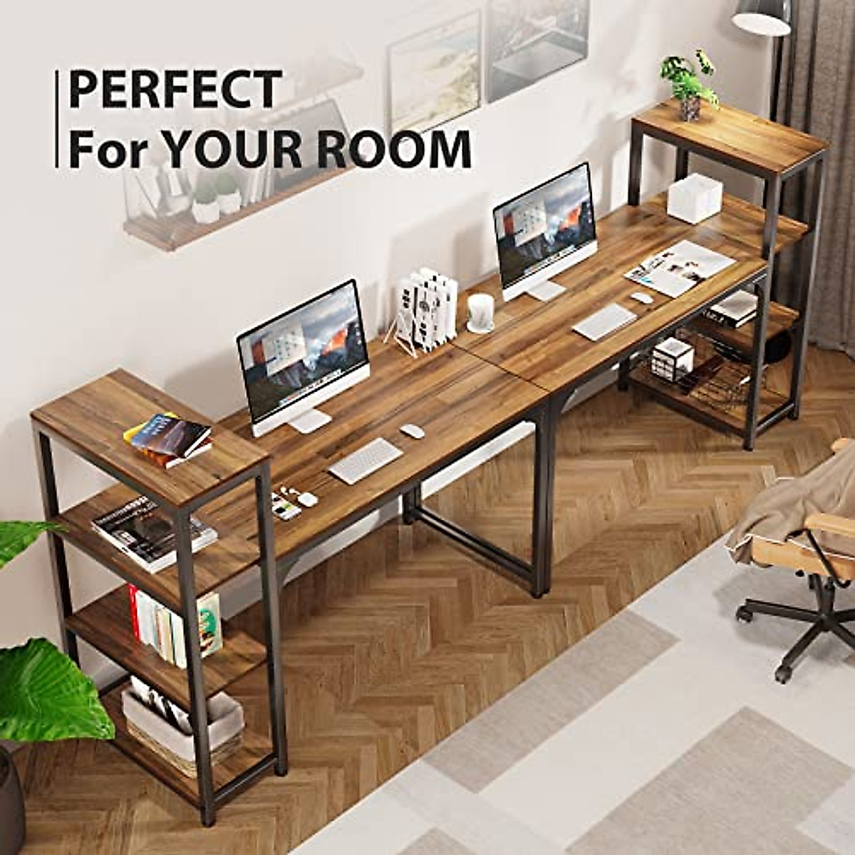 DESIGNA Computer Desk with 4 Tier Shelves, 55 Inch Heavy Duty Writing Study Table with Bookshelf, Modern Simple Style Steel Frame Wood for PC Table, Archaize Brown