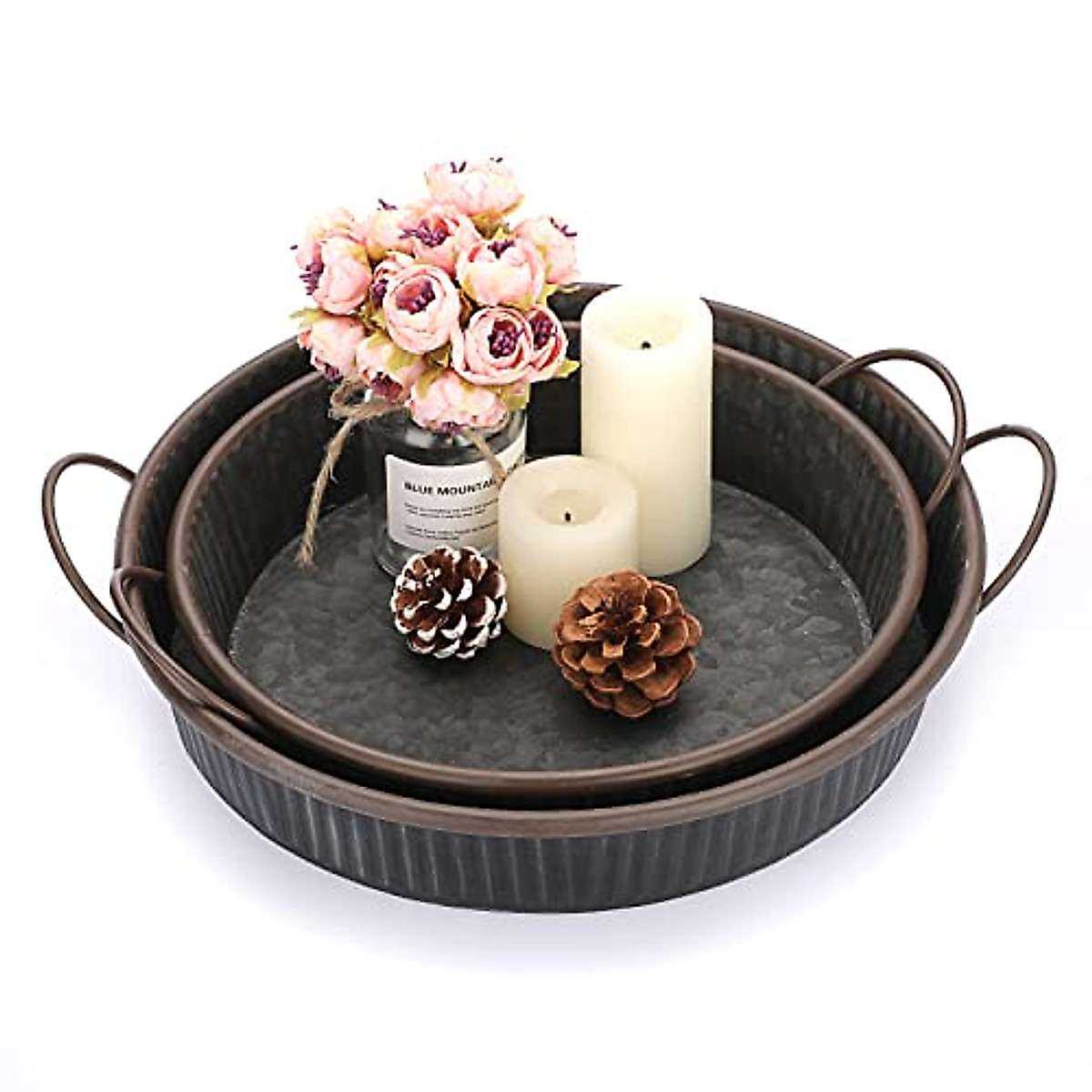 Hipiwe Galvanized Metal Iron Tray with Handles Farmhouse Rustic Decorative Tray Industrial Style Serving Tray Round Galvanized Tray for Coffee Table, Home Decor (Set of 2)