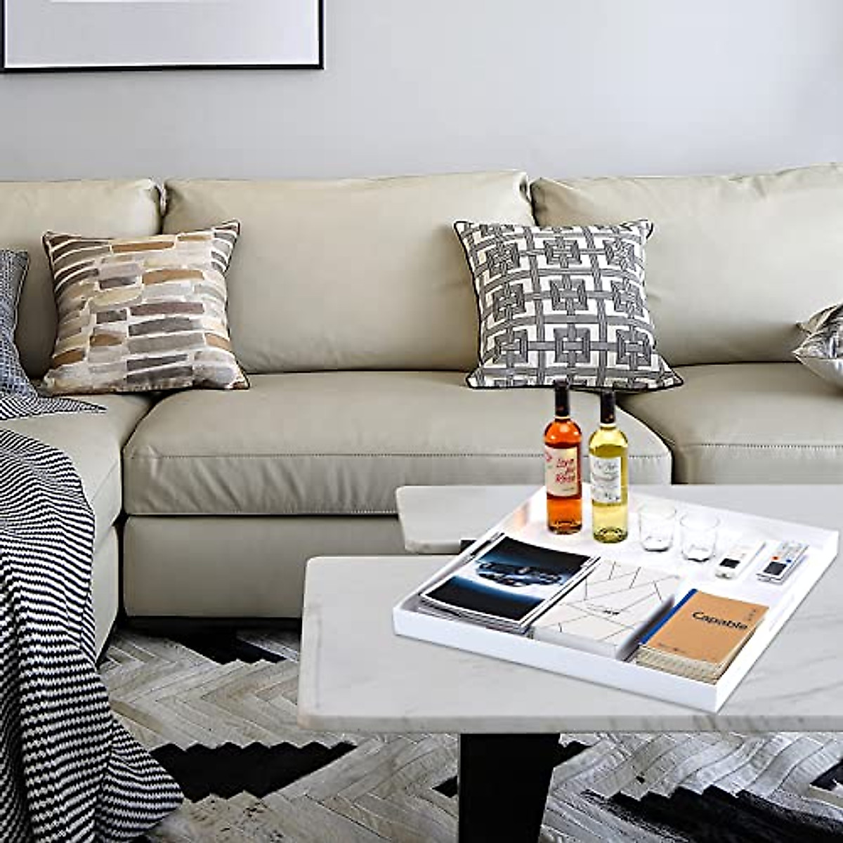 KEVJES Large White Acrylic Serving Tray with Handles-24x24x2 Inch Big Size Spill Proof Tray for Ottoman,Coffee Table, Breakfast, Tea, Food, Butler -Safe Edge Organizer Tray Decorative Tray