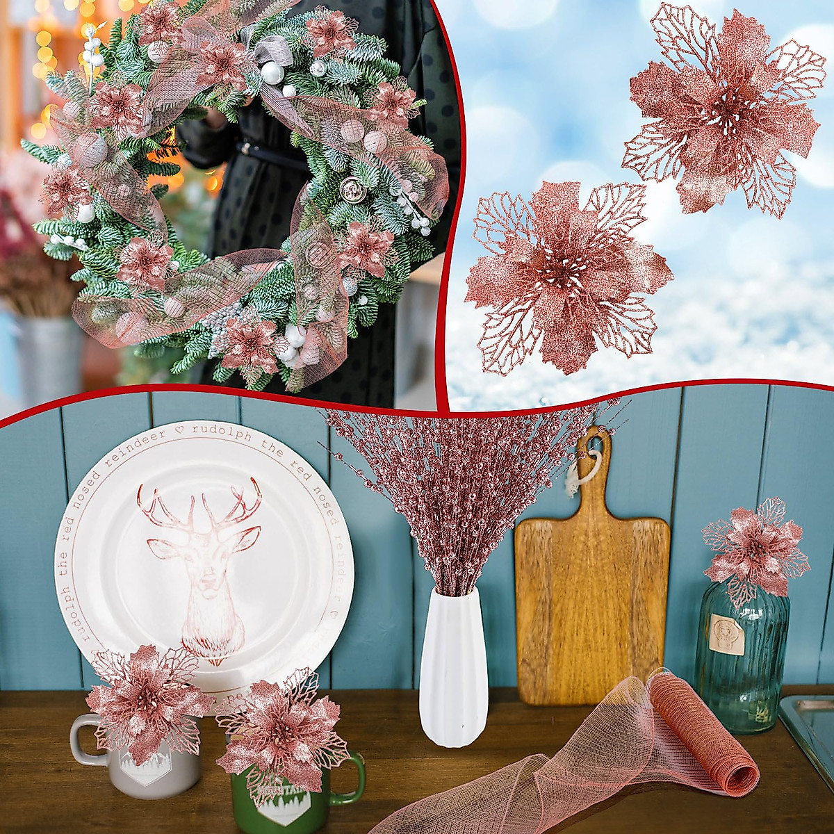 Lyrow 37 Pcs Rose Gold Christmas Glitter Poinsettia Artificial Berry Stem 10" 30 ft Deco Mesh Ribbon Set, Include 24 Christmas Flower with Stem, 12 Christmas Tree Pick 17" and Metallic Mesh Ribbon