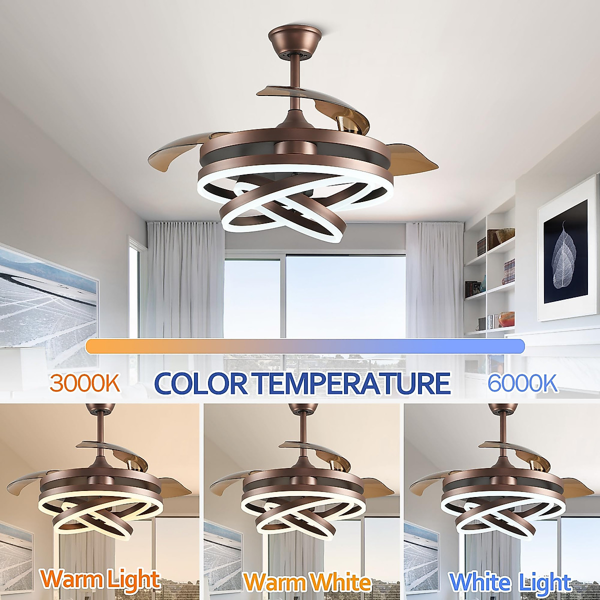 Cusp Barn 42" Retractable Fandelier Ceiling Fan with Lights Remote - Silent Dimmable Modern 6 Speed LED Chandelier Fan for Bedroom Living Room Kitchen