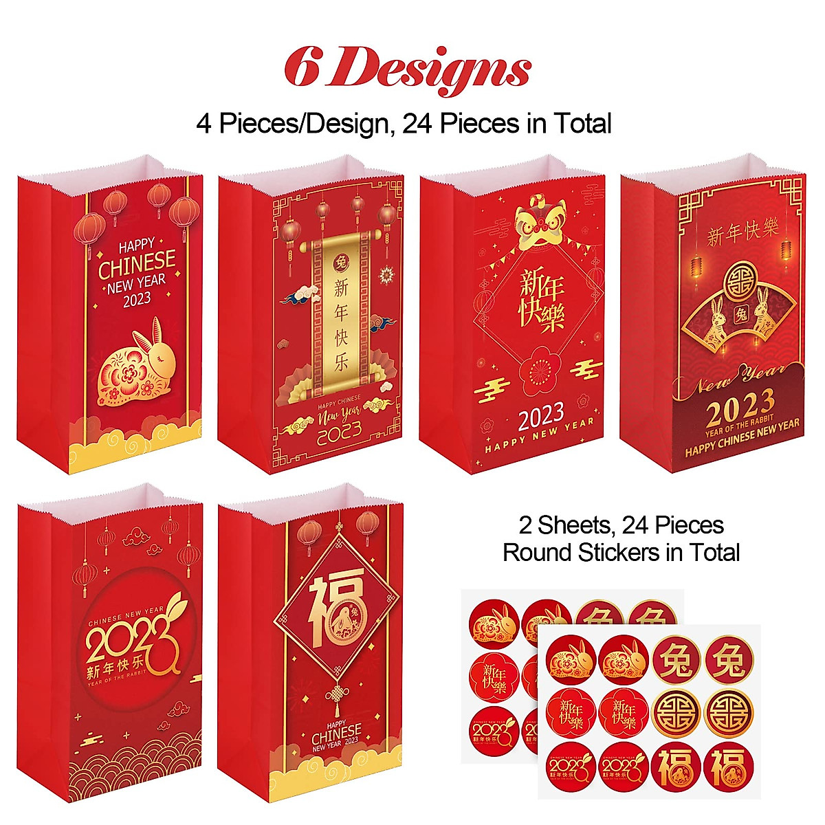 MIMIND 24 Pieces 2023 Happy Chinese New Year Gift Bags Lunar New Year Spring Festival Treat Candy Favor Bags with Round Sticker for Year of The Rabbit Chinese New Year Party Supplies Decors, 6 Design