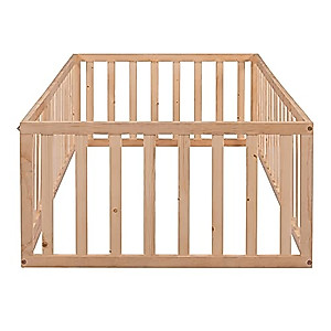 LZ LEISURE ZONE Twin Size Platform Bed with Fence, Solid Wood Floor Bed Frame with Door, Twin Size Daybed Fram, Natural