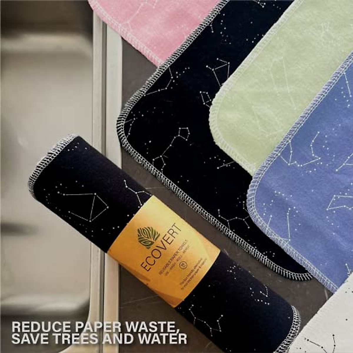 ECOVERT Reusable Paper Towels - 15 Pack with Special Cardboard Roll - Highly Absorbent 10X10inches 100% Cotton Flannel Napkins - Eco Friendly Paperless Alternative - Constellation Design (Stars)