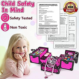 Hollyhi 65 Pcs Kids Makeup Kit for Girl, Washable Play Makeup Toys Set for Dress Up, Pretend Beauty Vanity Set with Cosmetic Case Birthday Toys for Girls 3 4 5 6 7 8 9 10 11 12 Year Old Kids Toddlers