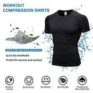 Black Compression Shirts Men Short Sleeve Workout Gym T-Shirt Running Tops Cool Dry Sports Base Layer Undershirts