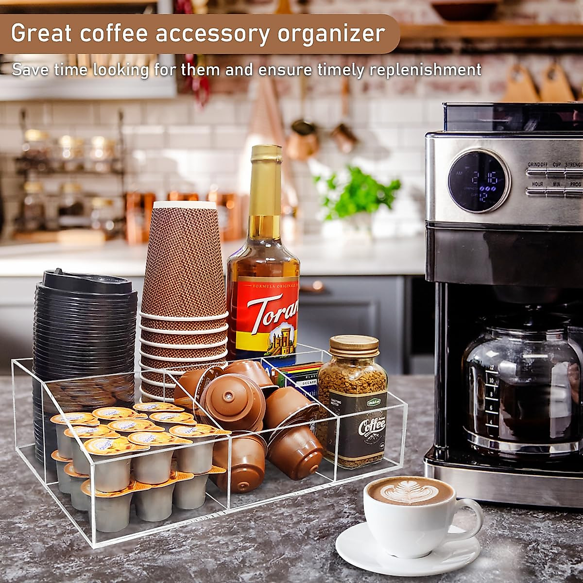 KAIDELI Acrylic Coffee Bar Station Organizer for Countertop, Office, Home Coffee K Cup Holder Holds Paper Cups, Condiments, Coffee Pods, Syrups, Creamer, Multi-Purpose Coffee Bar Accessories Organizer