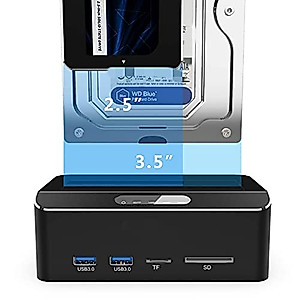 Thick External 2.5"/3.5" USB 3.0 5Gbps SATA Hard Drive Docking Station HDD SSD Box 2 x USB 3.0 Hub TF/SD Card Reader Support UASP