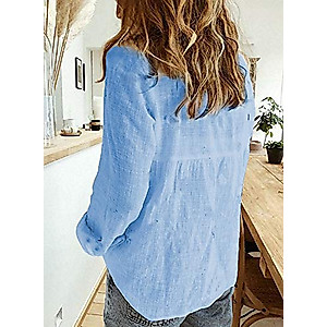 Astylish Women V Neck Solid Roll Up Sleeve Collared Shirts Blouses Summer Linen Tops for Teen Girls Blue Large