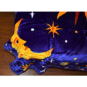 Outerspace Cosmo Sun Moon Stars Blue Luxury Super Soft Medium Weight Queen Size Mink Blanket 1ply