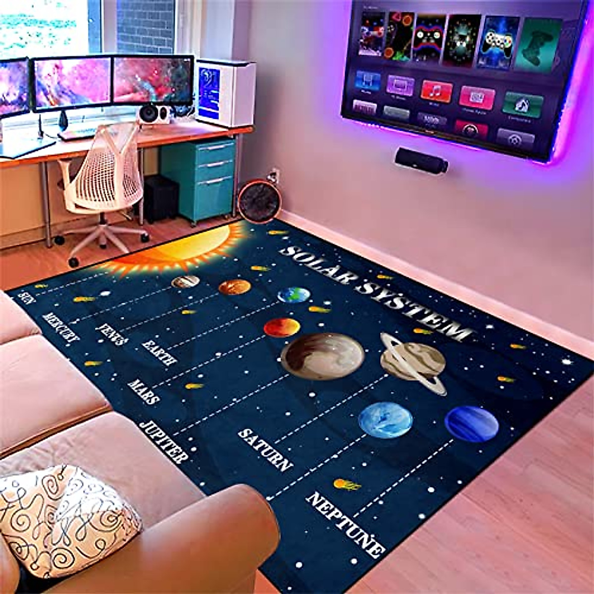 Boys Space Area Rugs for Bedroom Educational Learning Large Carpet Rug Indoor Sofa Floor Mats Solar System Space Theme Living Bedroom Dining Room Decor Crystal Polyester Area Rug Door Mats, 3'×5'