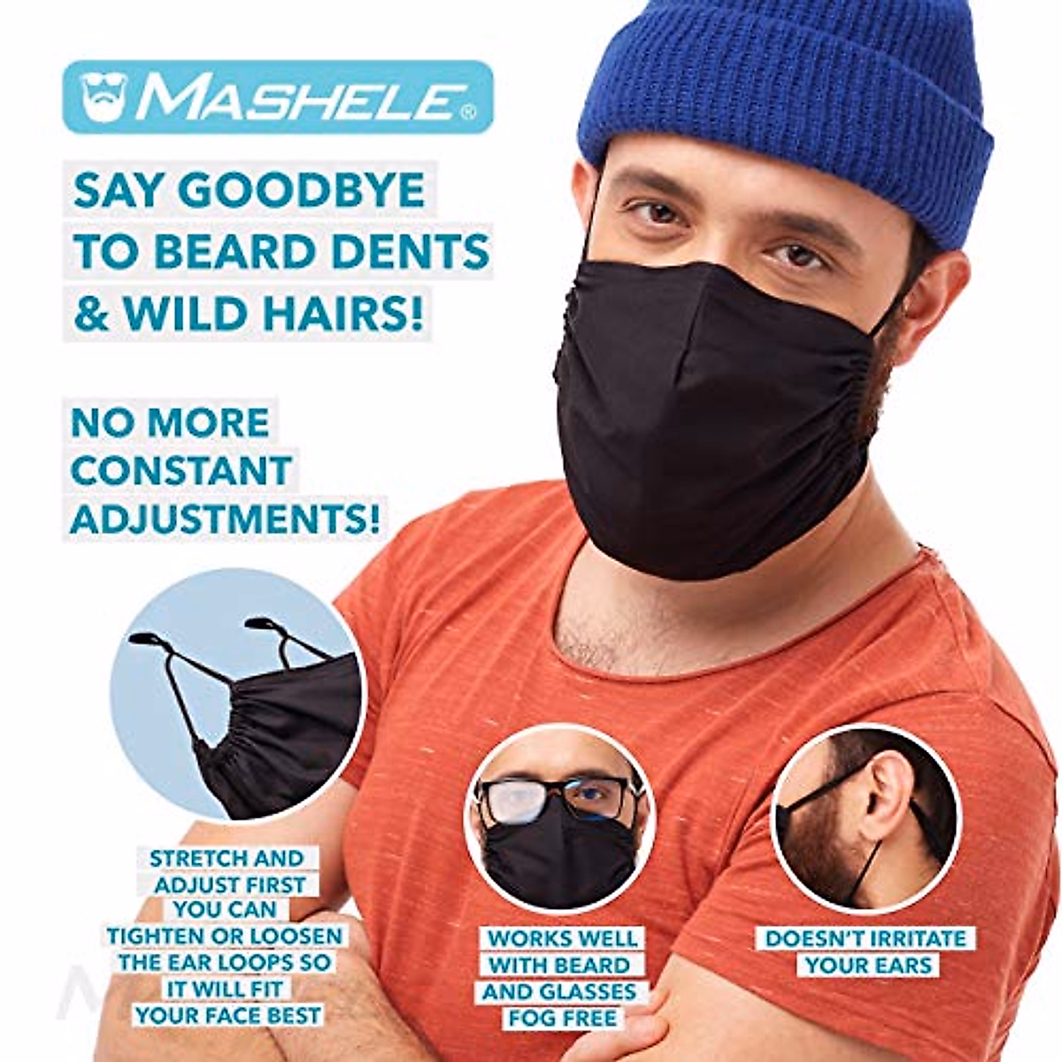 MASHELE 5 Pack Cotton Face Cover for Bearded Men XXL Black 5 Pcs with Nose Wire Adjustable Earloop Washable Reusable Holiday Gift for Indoor and Outdoor Party Activities (Sold as Set) (5, XX-Large)