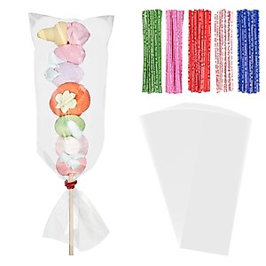 Clear Candy Bags,100 Pcs 4x11 Inch Plastic Cookie Bags, Long Treat Bags Set with 5 Mix Colors Twist Ties, Gift Wrap Supplies for Birthday Party Favor Packaging Pretzel Bread Donut Lollipop