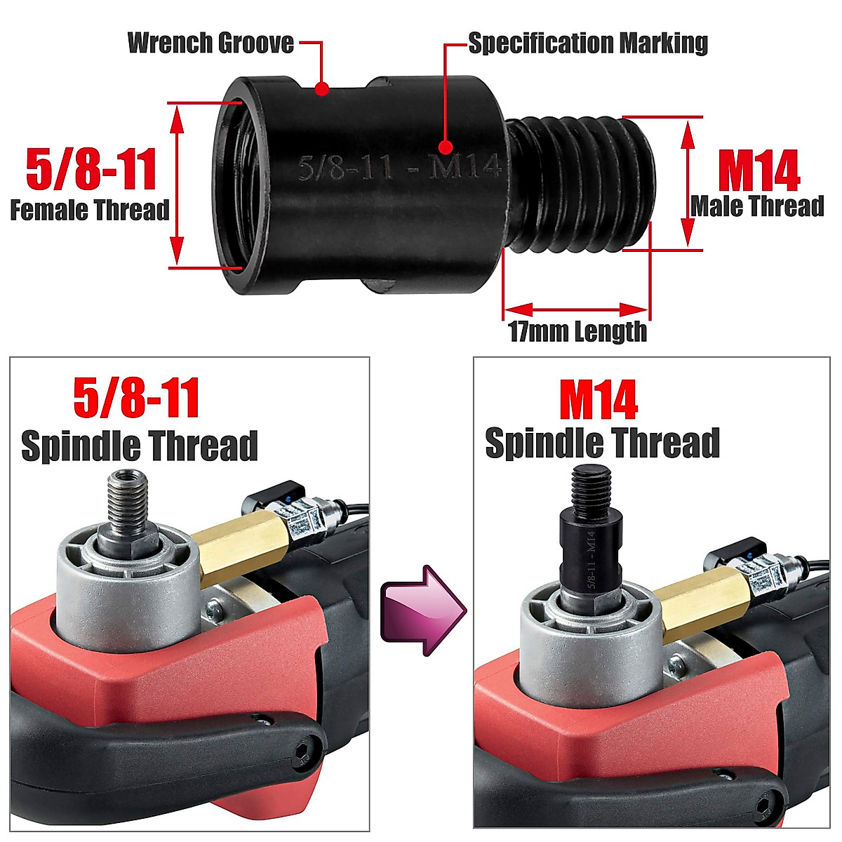 Yakamoz 2Pcs 5/8"-11 Female to M14 Male Angle Grinder Attachment 5/8"-11 to M14 Adapters Rotary Polisher M14 Thread Adaptor Converter
