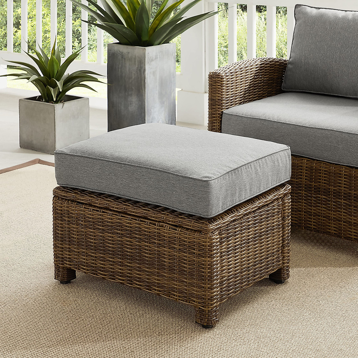 Crosley Furniture Bradenton Wicker Outdoor Ottoman Foot Rest for Patio, Deck, Porch, Brown with Gray Cushions