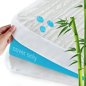 Mattress Topper Cover Protector Queen Size 3 Inch, 100% Waterproof Viscose Made from Bamboo Cooling Mattress Topper Encasement Zippered with Adjustable Straps, Fit Memory Foam Mattress Topper