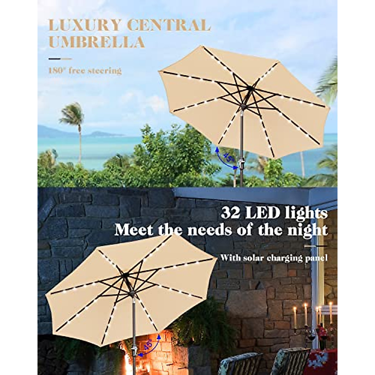 Zersun 9FT Patio Umbrella, Solar Powered LED Umbrellas with 32 LED Lights 8 Ribs/Tilt Adjustment and Crank Lift System for Garden, Backyard and Pool - Tan