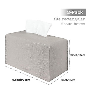 2Pcs Tissue Box Cover Holder, Rectangular with Bottom Belt - PU Leather Tissue Cover Decorative Organizer for Tabletop, Bathroom, Car, Office,9.5X5X5 Inch - Light Gray